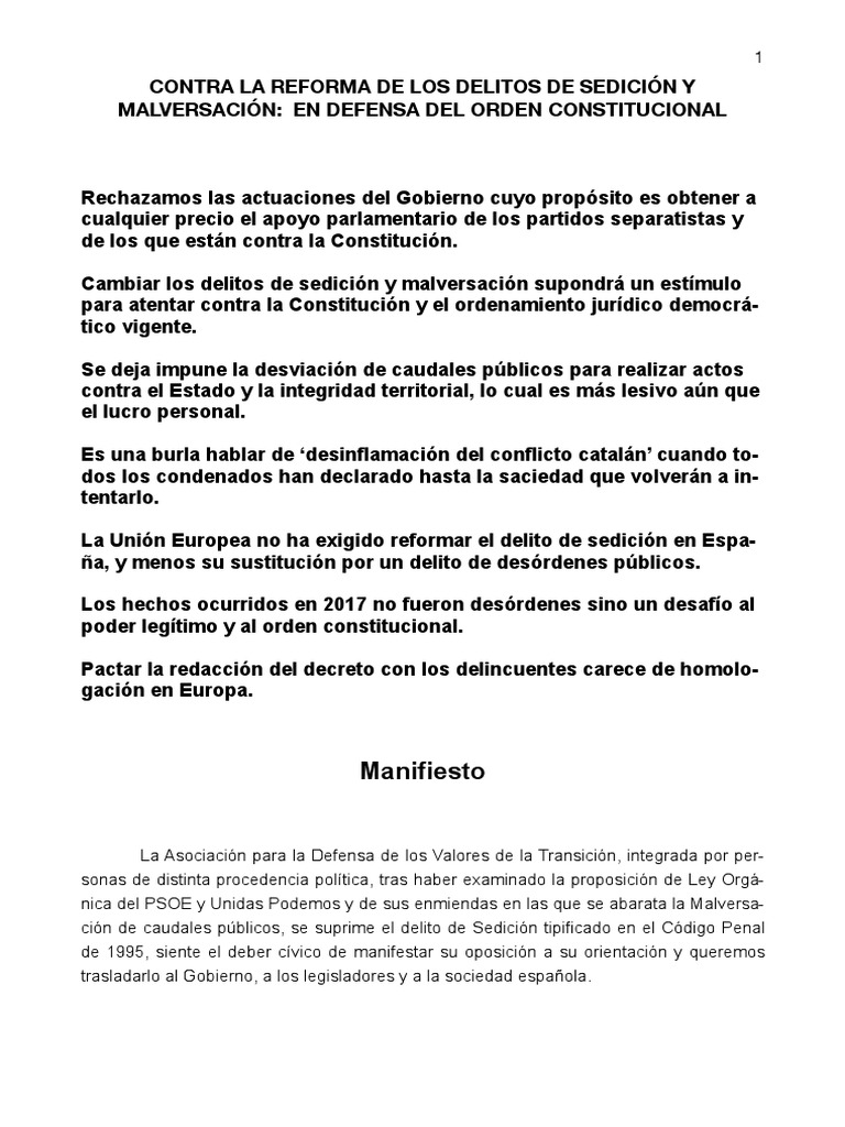 Manifiesto Reforma Sedicion y Malversacion | PDF | Derecho penal | España