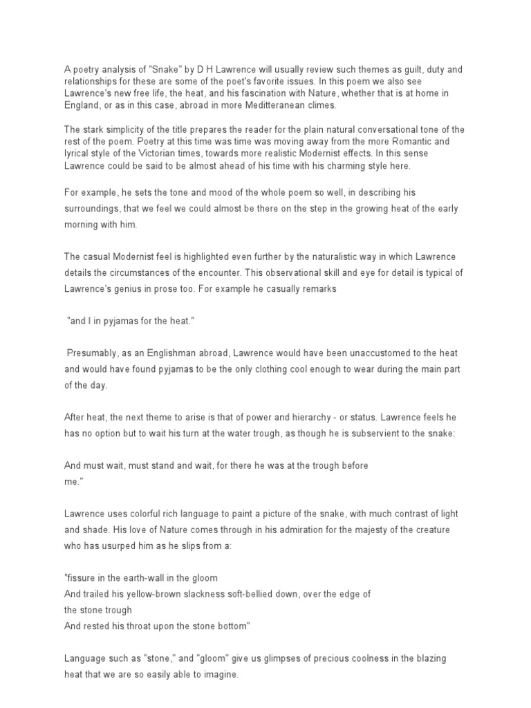 Snake - D H Lawrence | PDF | Snake | Poetry