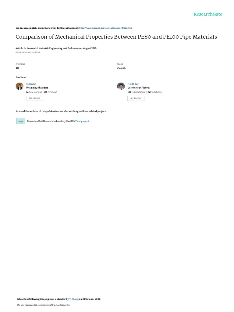 Comparison of Mechanical Properties Between PE80 and PE100 Pipe ...
