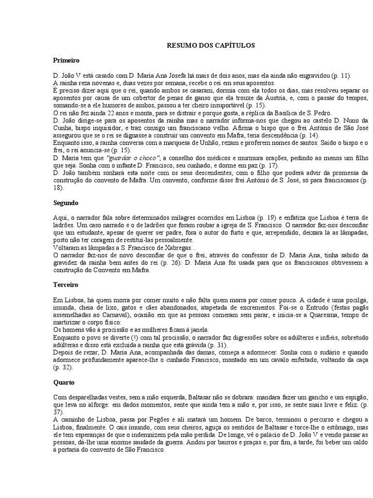Resumo Capitulos Memorial Do Convento | PDF