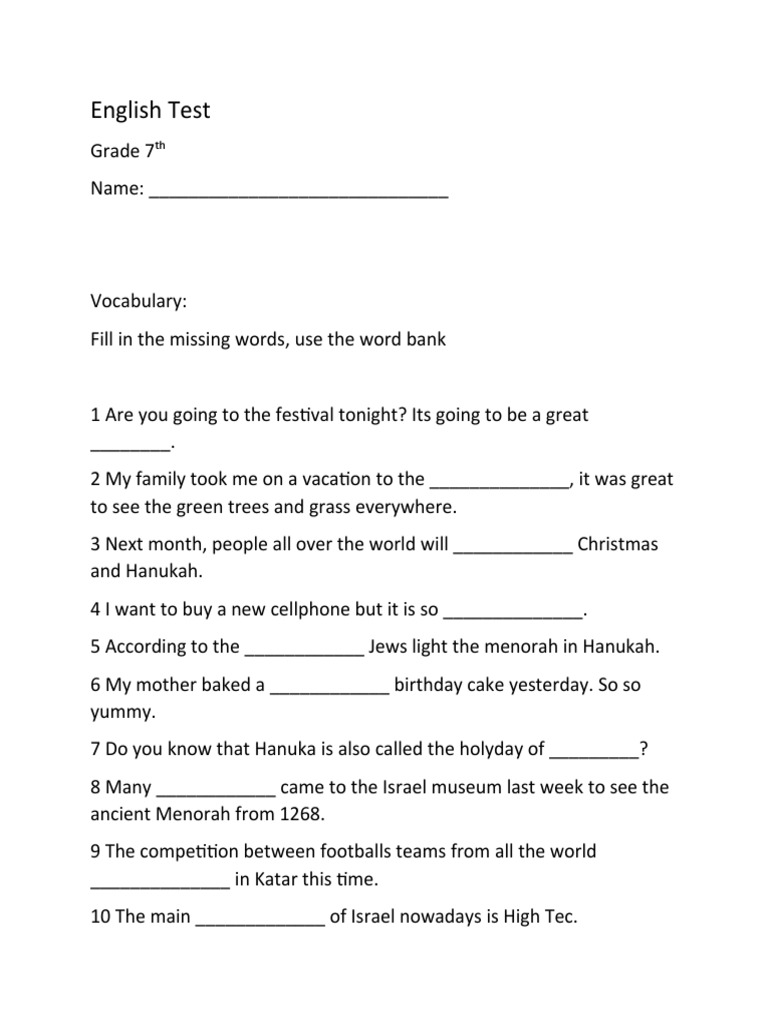 English Test Grade 7 2022 | PDF