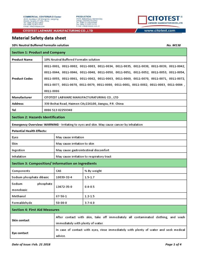 MSDS For 10% Neutral Buffered Formalin Solution | PDF | Formaldehyde | Toxicity