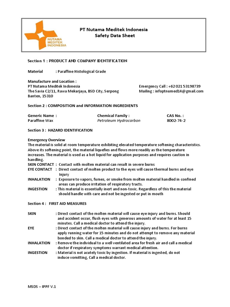 MSDS Parafflakes Indopath | PDF | Occupational Safety And Health | Nature