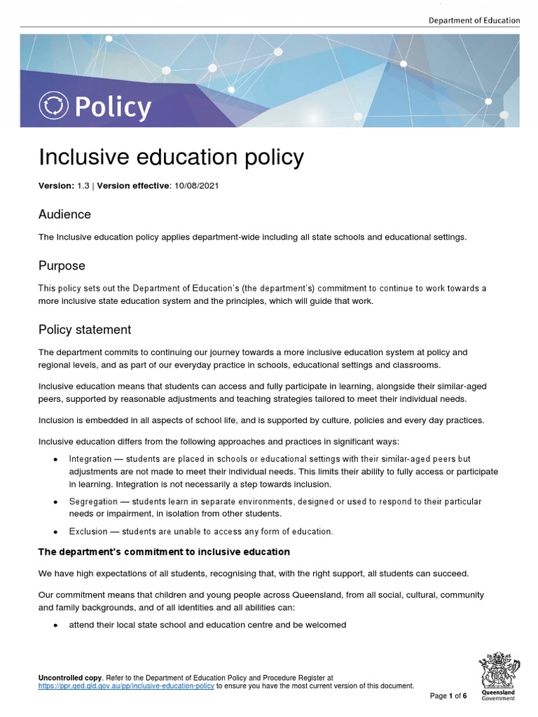 Inclusive Education Policy | PDF | Inclusion (Education) | Discrimination