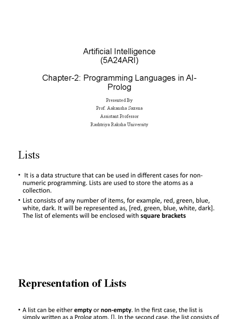 Programming Languages In Ai An Overview Of Lists And Common Operations In Prolog Pdf