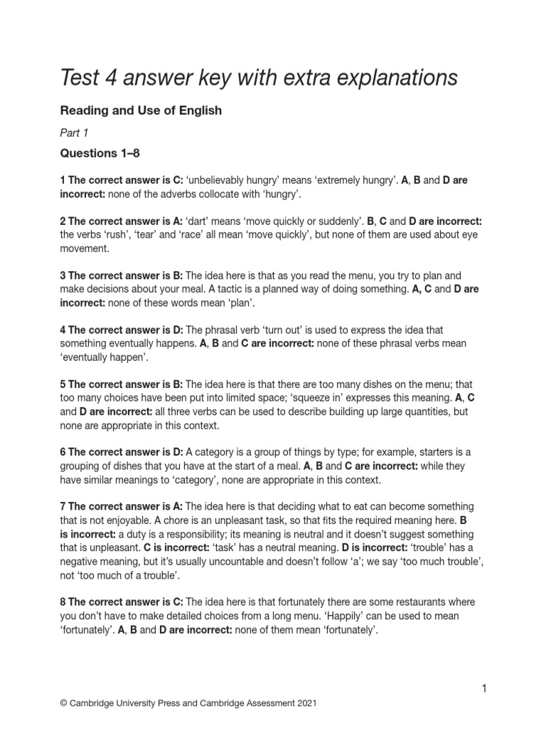C1 Advanced 4, Test 4 Answer Key, Reading and Use of English | PDF ...