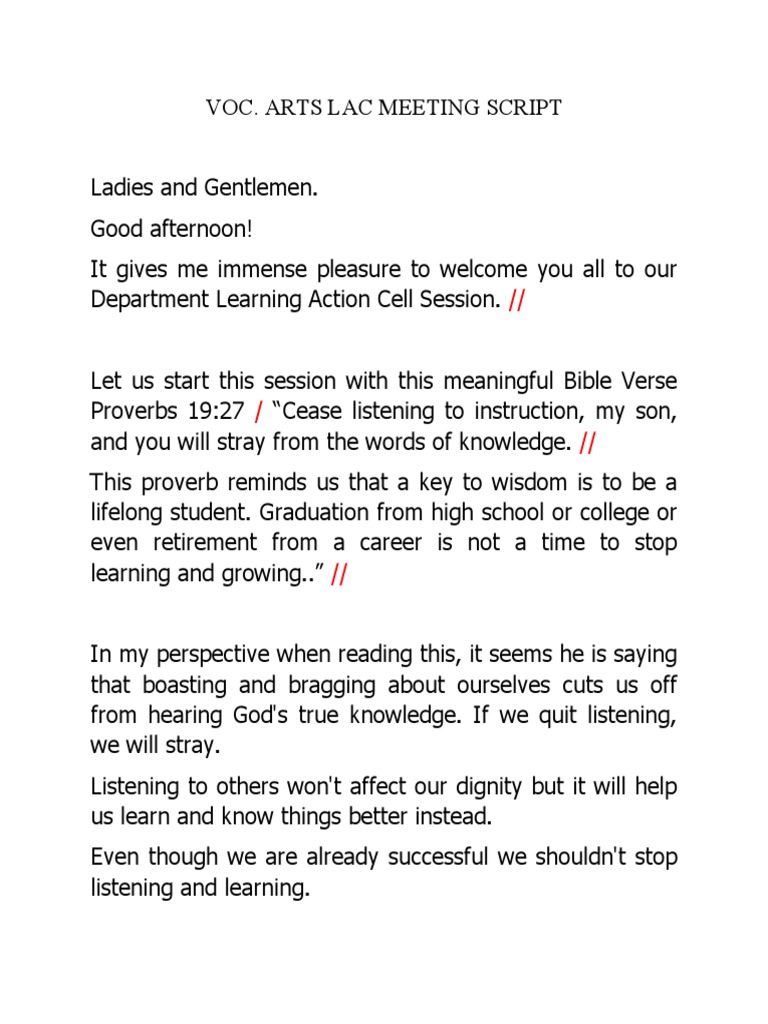 Voc. Arts Lac Meeting Script | PDF