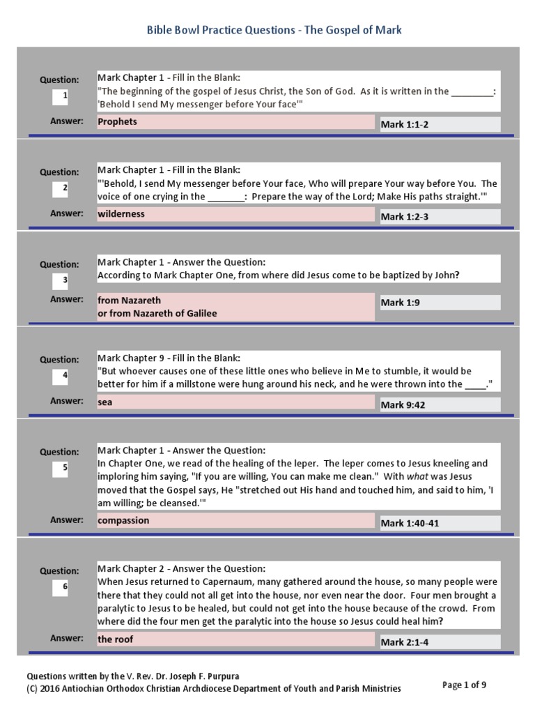 Bible Bowl Questions: Gospel of Mark | PDF | Jesus | Gospel Of Mark