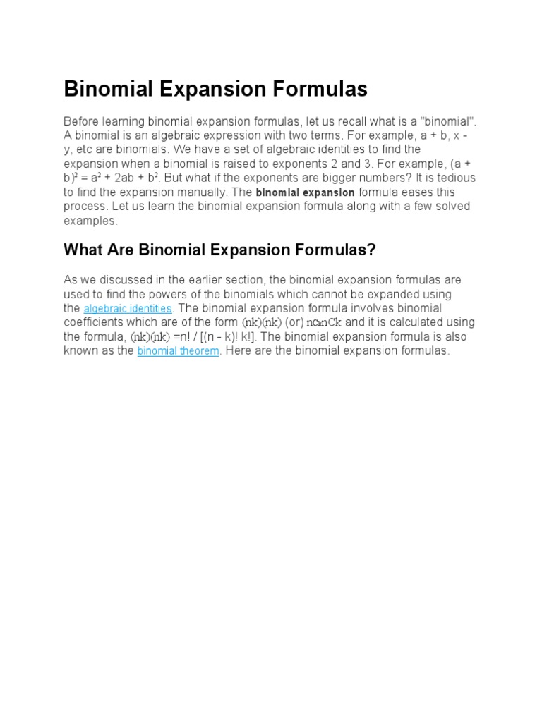 Binomial Expansion Formulas | PDF