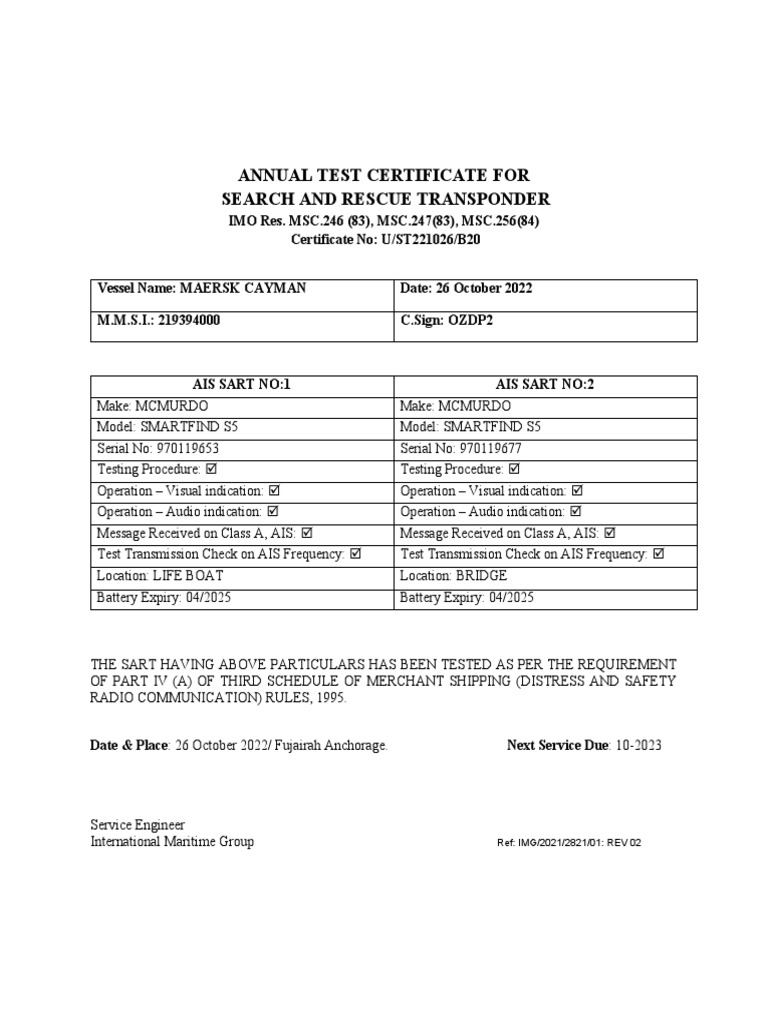 Annual Test Certificate for SAR Transponders | PDF