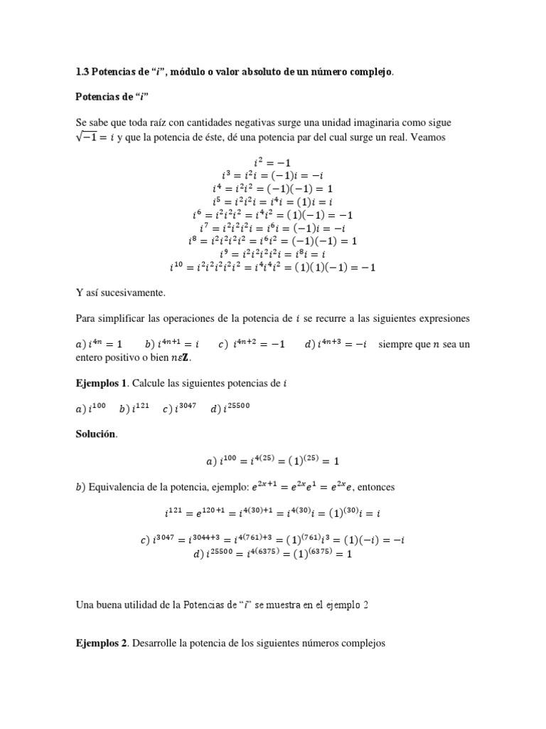 1.3 Potencias de "I", Módulo o Valor Absoluto de Un Número Complejo. | PDF | Número complejo ...