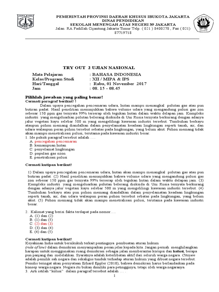 SMA Negeri 39 Jakarta Ujian Nasional Bahasa Indonesia Try Out 2 | PDF