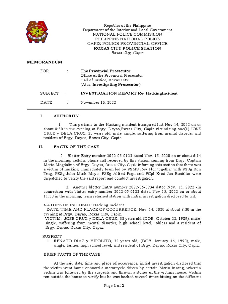 Investigation Report Sample in CDI 211 | PDF | Crimes | Crime & Violence