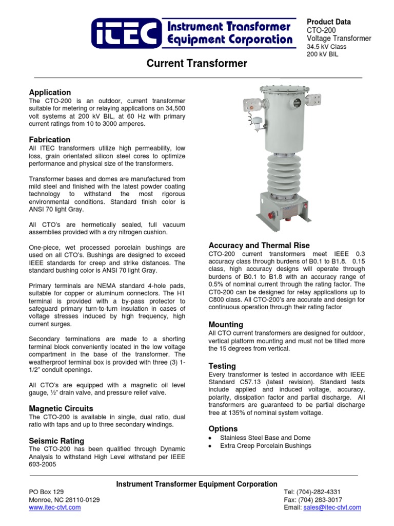 CTO 200 34.5 Current Transformer | PDF | Transformer | Electronics