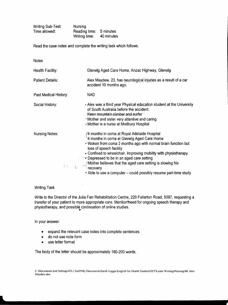 Alex Maydew Oet Writing Task Sample | PDF | Medical Specialties ...