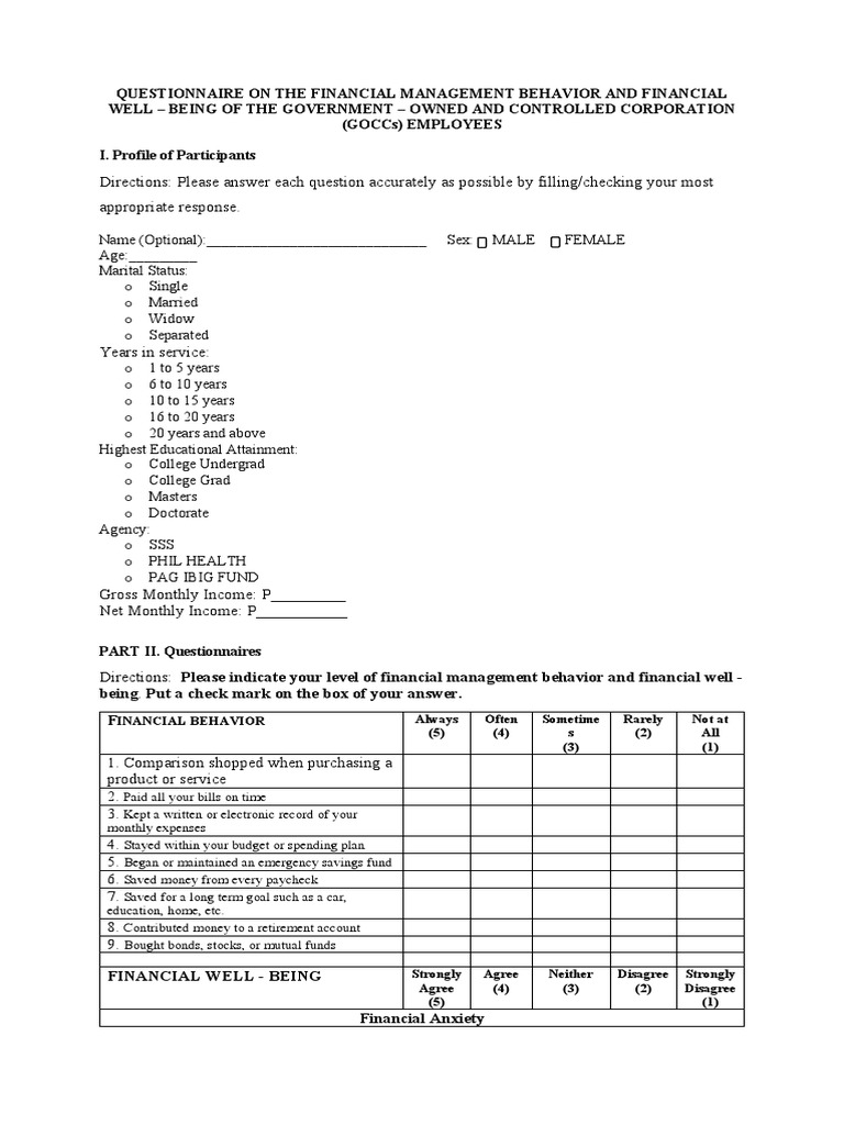 Questionnaire On The Financial Management Behavior and Financial Well | PDF | Retirement | Economies