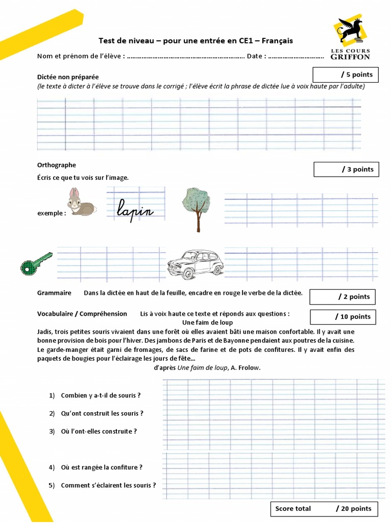 Test de niveau CE1 en Français | PDF | Arts du langage et discipline