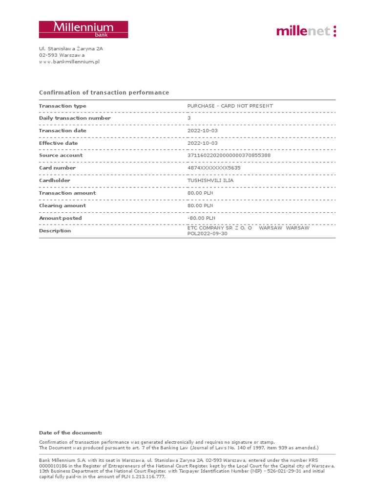 Transaction Confirmation - Bank Millennium | PDF