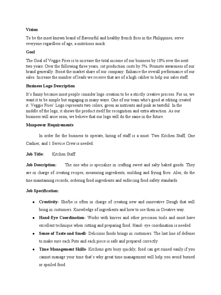 business plan chapter I - parts | PDF | Menu | Foods