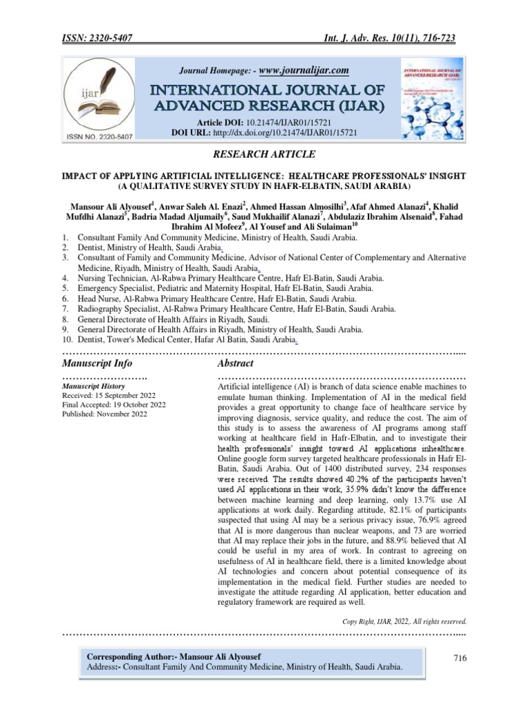 Impact of Applying Artificial Intelligence: Healthcare Professionals Insight (A Qualitative ...