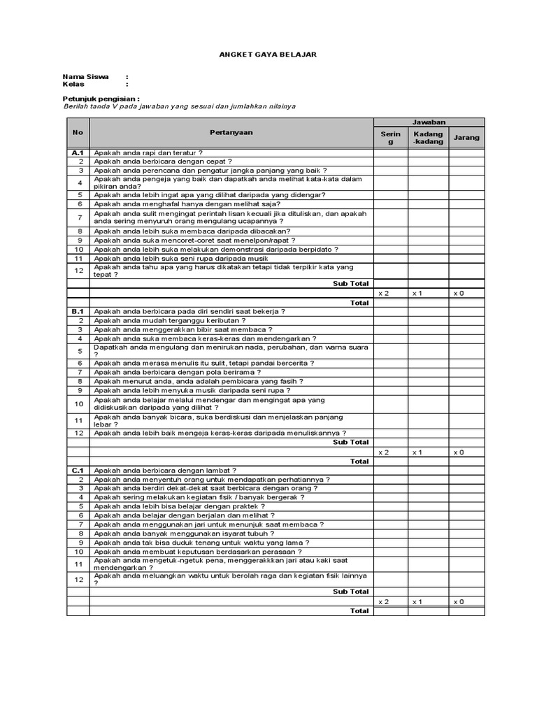 Angket Gaya Belajar Siswa SMP | PDF