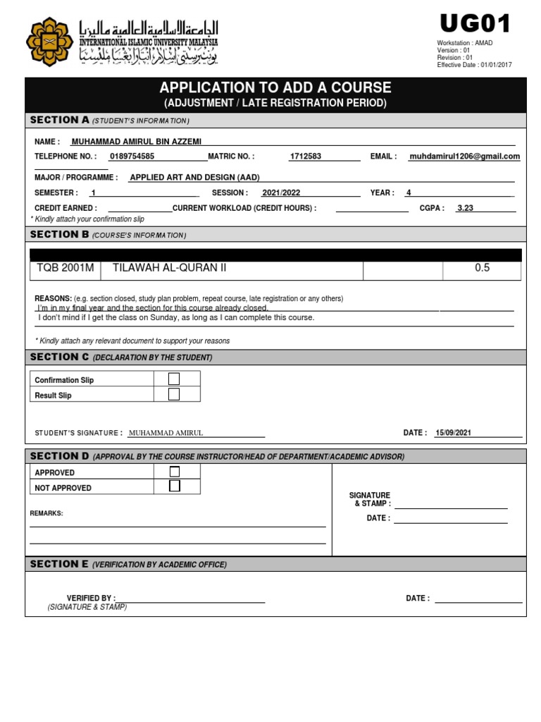 Ug01 Add Form-Tqb | PDF | Course Credit