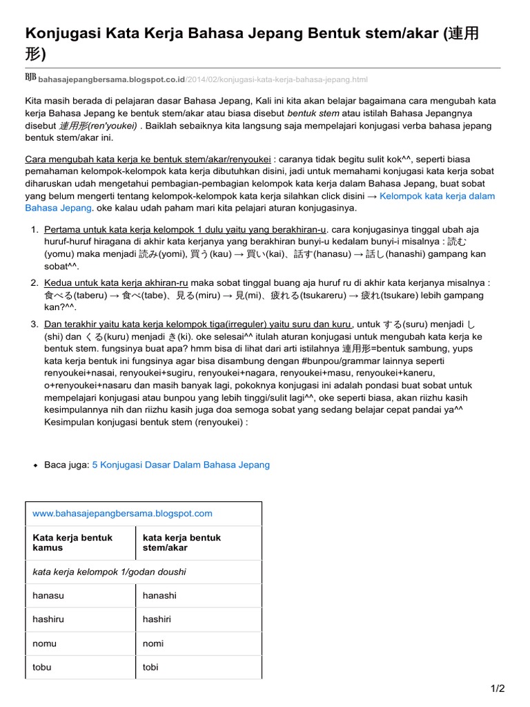 Konjugasi Kata Kerja Bahasa Jepang Bentuk stemakar 連用形 | PDF | Seni & Disiplin Bahasa | Kajian ...