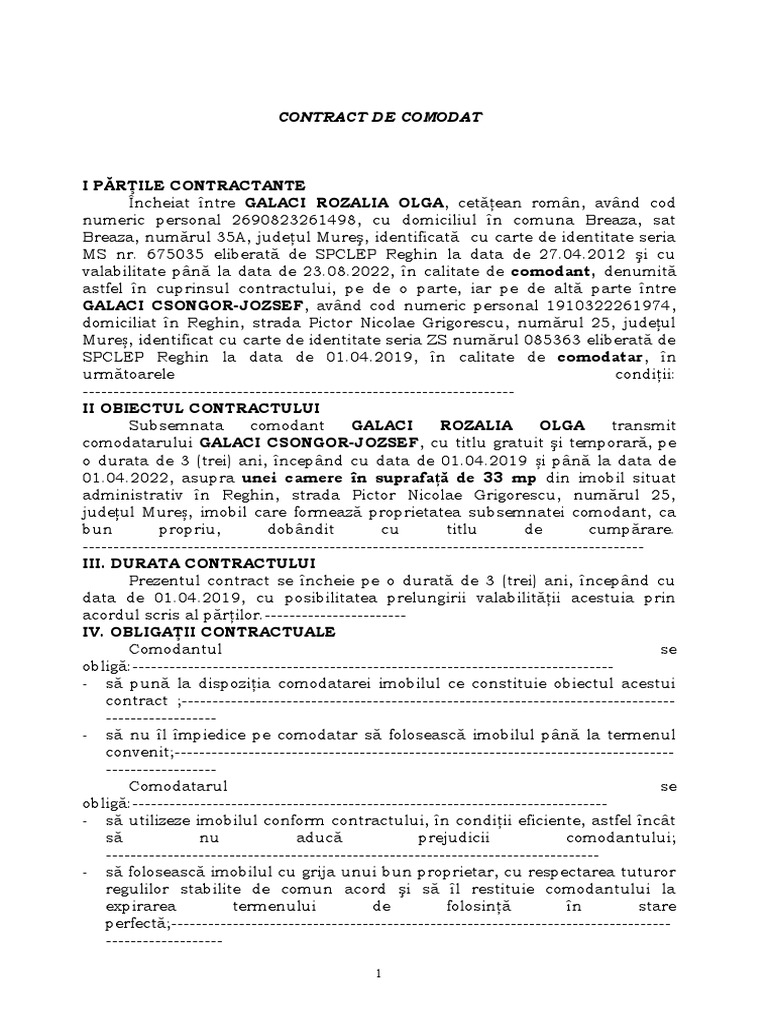 Contract de Comodat Imobil Csongi | PDF