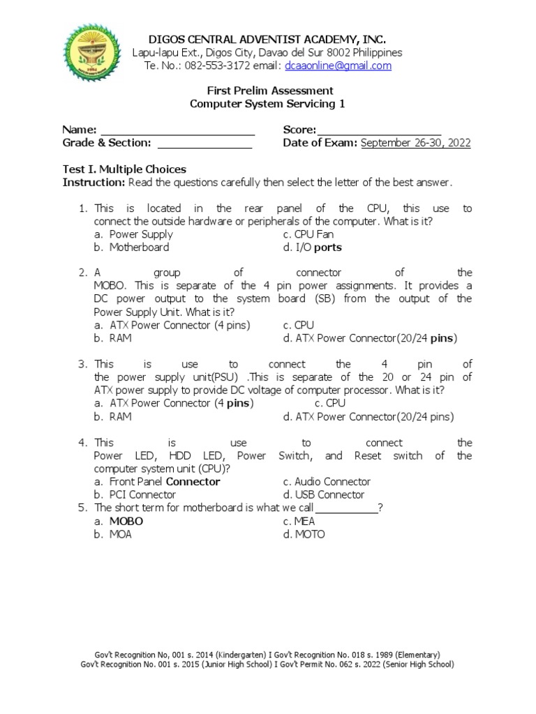 Css11 First Prelim Exam Answerkey | PDF | Manufactured Goods | Equipment