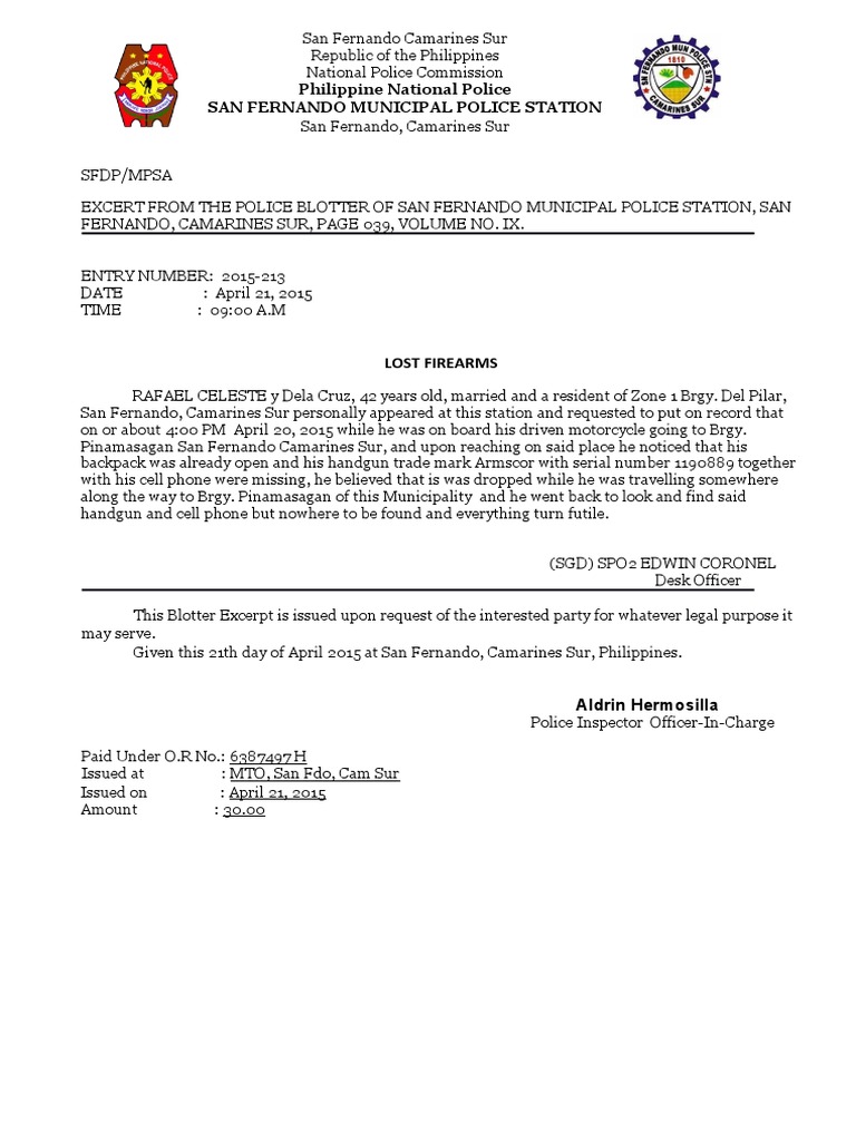 Police Blotter Excerpt: Lost Firearms | PDF