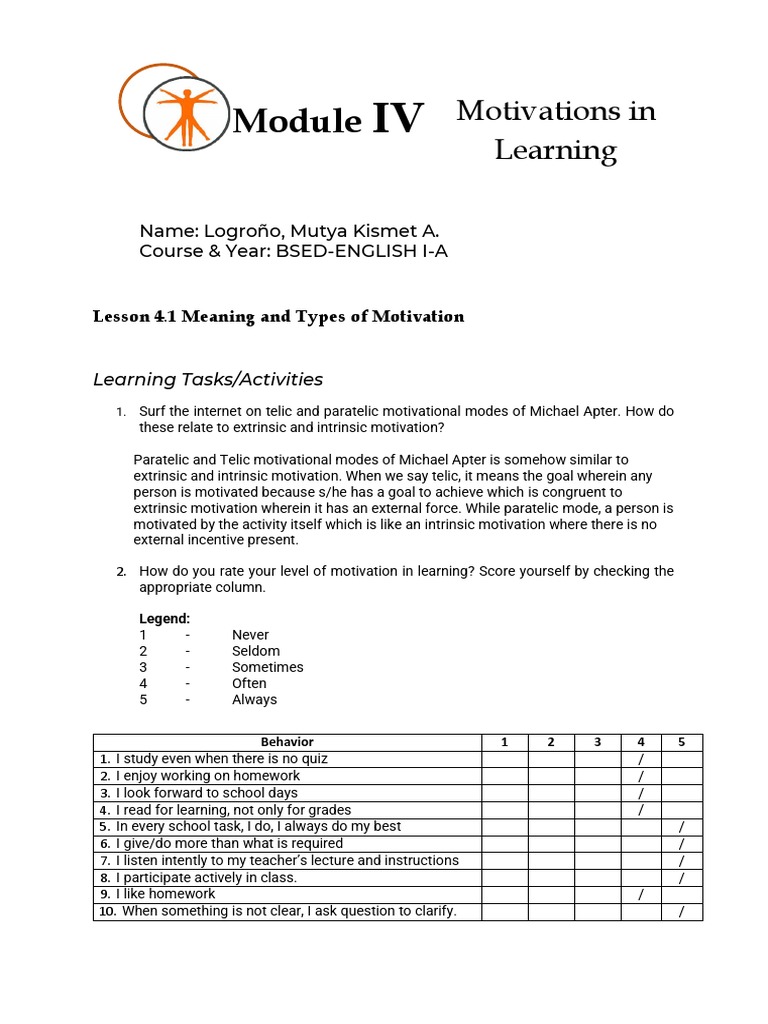 Learning Tasks 4 1 Motivations In Learning Pdf Motivational
