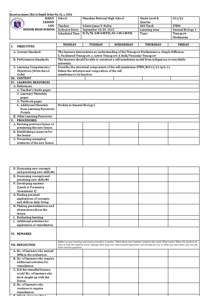 Weekly Lesson Plan: Transport Mechanisms | PDF | Learning | Teachers