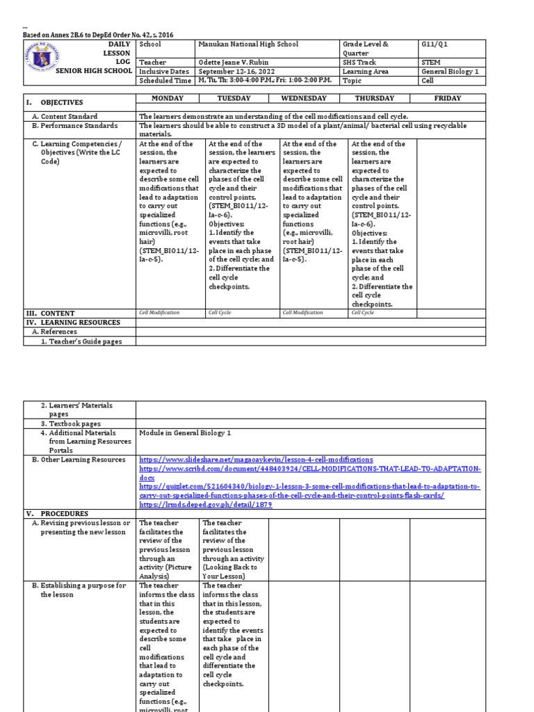 General Biology 1 Lesson Plan: Cells | PDF | Teachers | Learning