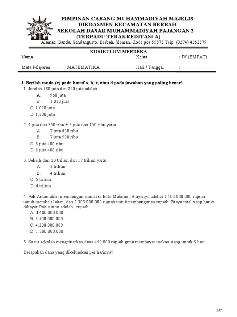 Soal Sumatif PAS MTK Kelas IV Semester 1 MERDEKA | PDF