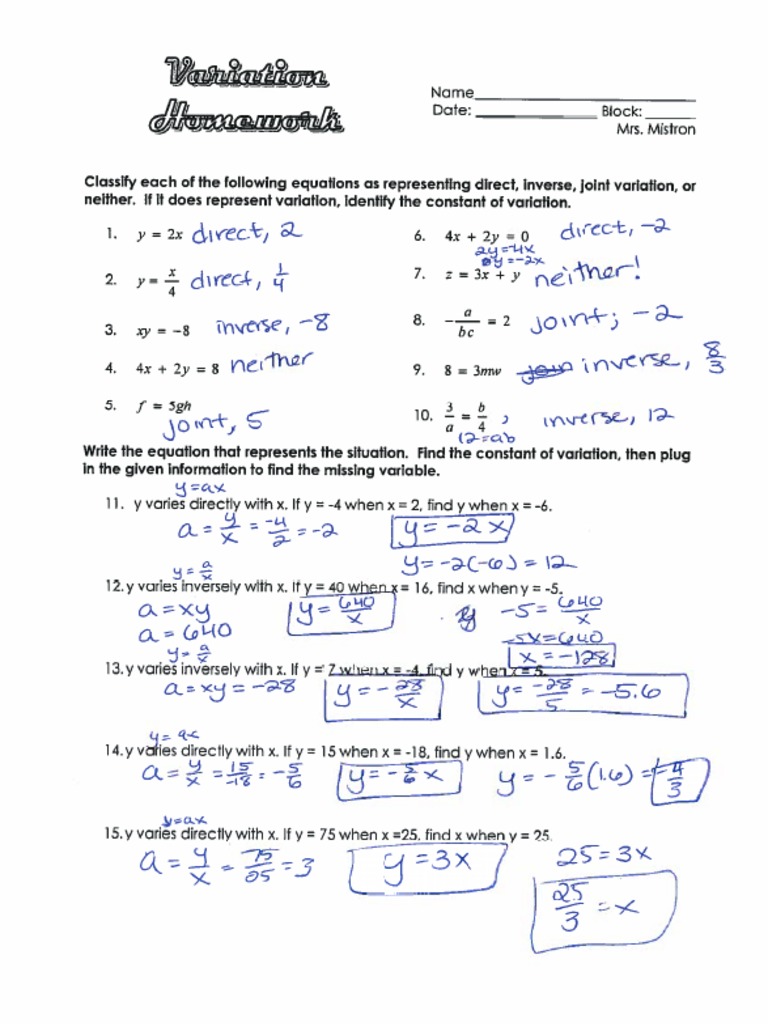 1 Variation Homework KEY | PDF