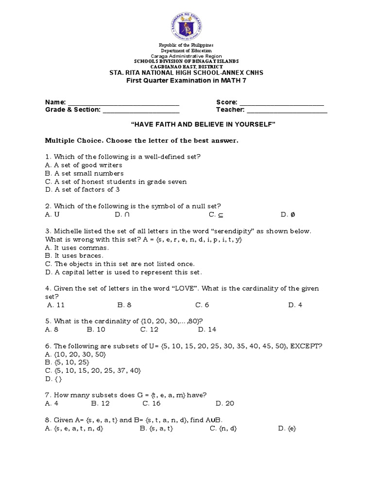 MATH-7 TEST QUESTINNAIRE-Quarter 1 | PDF | Mathematics