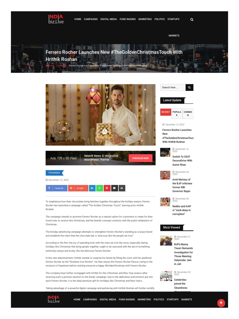 Ferrero Rocher Launches New #TheGoldenChristmasTouch With Hrithik ...