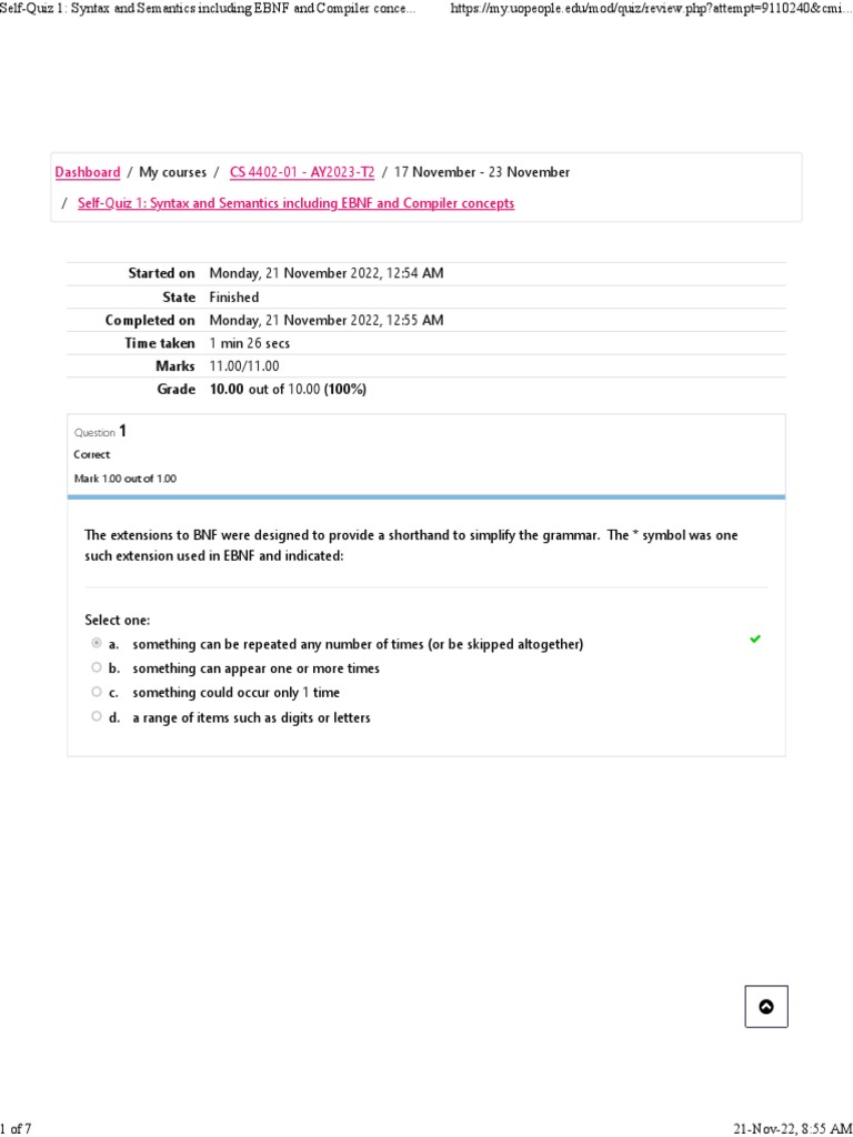 Self-Quiz 1 Syntax and Semantics Including EBNF and Compiler Concepts ... Self-Quiz 1 Syntax and Semantics Including EBNF and Compiler Concepts ...