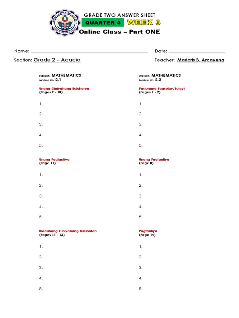 AnswerSheet Q4 Week3 PartONE - 2 | PDF