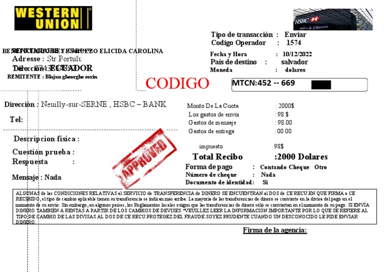 Reçu Western Union Monica | PDF | Moneda | Western Union