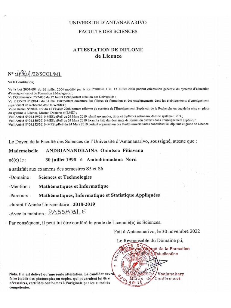 Attestation De Diplome Licence _ Attestation Diplome Obtenu – XEBNZX