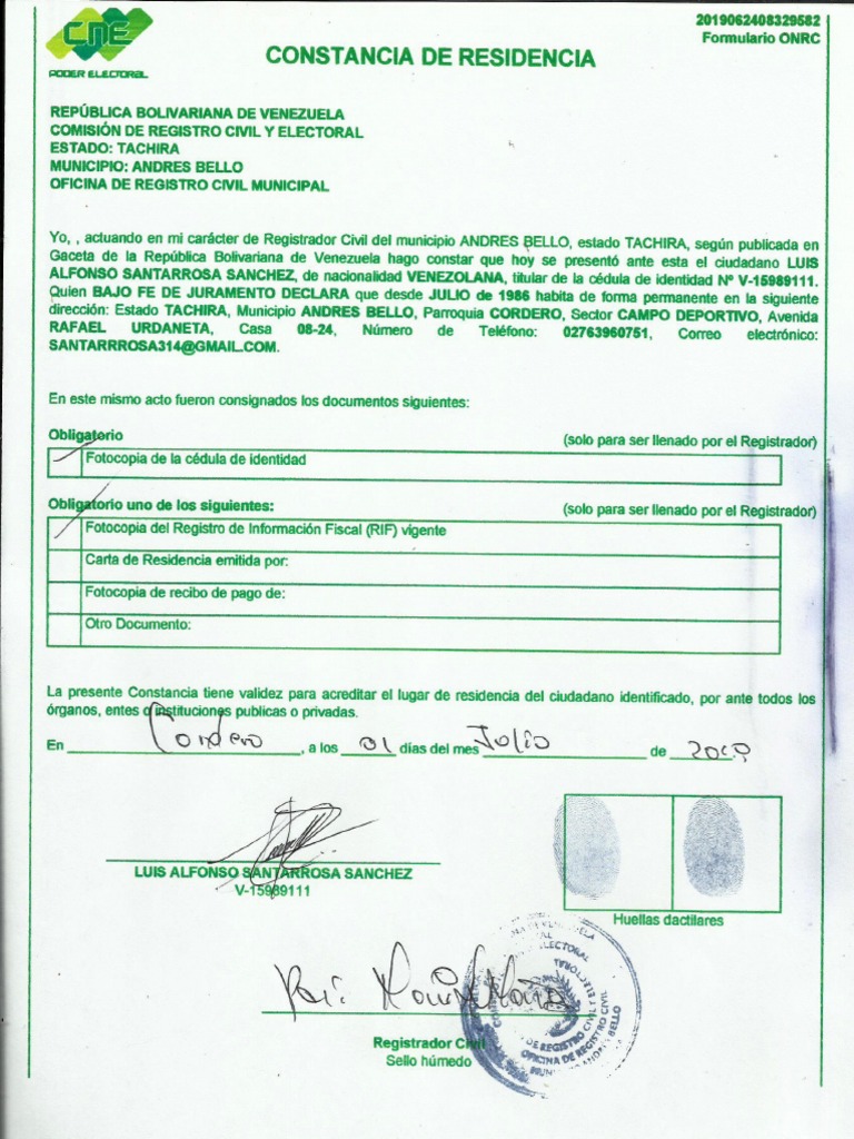 Constancia de Residencia CNE | PDF