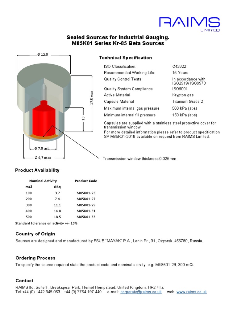 Sealed Sources For Industrial Gauging. M85K01 Series Kr-85 Beta Sources ...