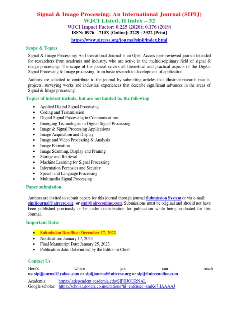 Signal & Image Processing: An International Journal (SIPIJ) | PDF | Academic Journal | Computing