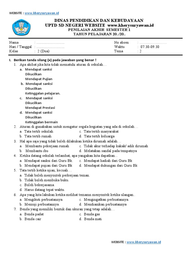 SOAL & Jawaban PAS KLS 2 TEMA 2 Ver. 1 - WEBSITE WWW - Kherysuryawan.id | PDF | Griya & Taman
