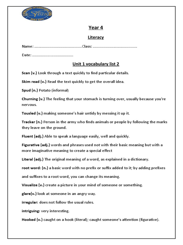 Year 4 Literacy Vocabulary List | PDF | Adjective | Cognition
