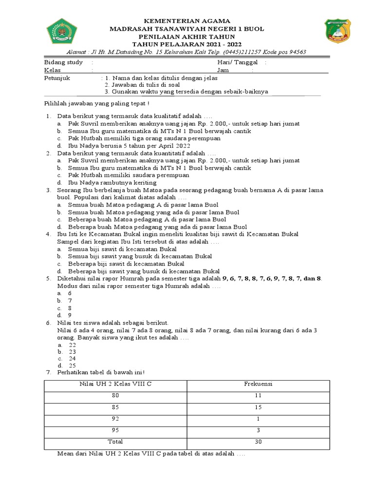 Kisi2 Soal Semester Genap Matematika 2022 | PDF