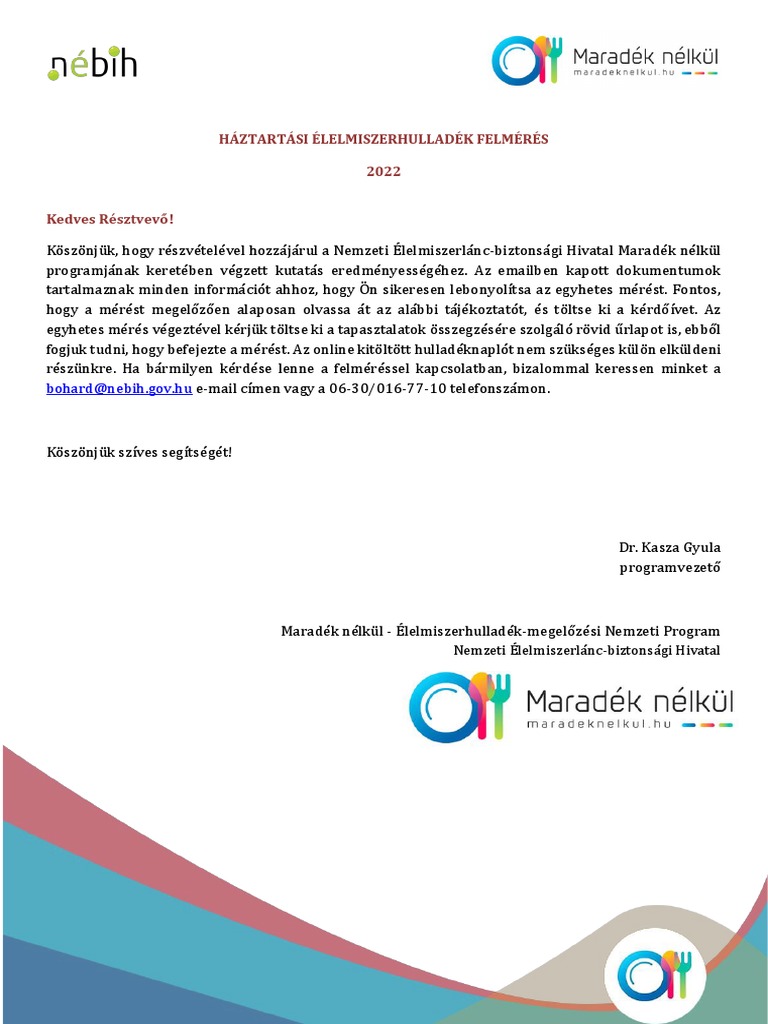 NÉBIH - Élelmiszerhulladékmérés 2022 Tájékoztató | PDF