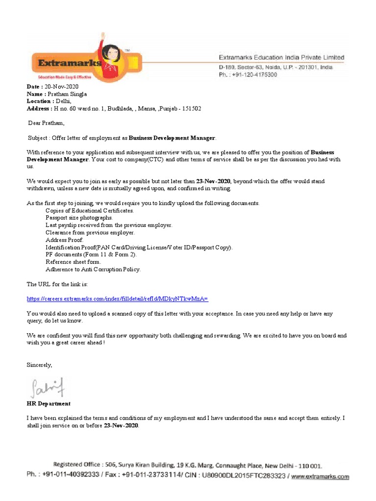 Offer letter Business Development Manager position | PDF