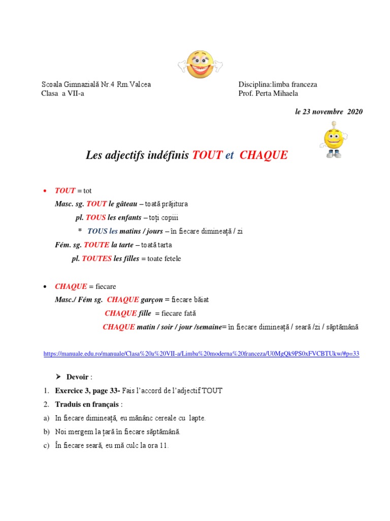 Les Adjectifs Indefinis Tout Et Chaque 7 | PDF